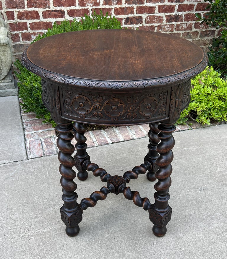 Antique French Round Side End Table Barley Twist Carved Oak Renaissance ...