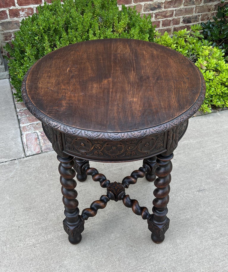 Antique French Round Side End Table Barley Twist Carved Oak Renaissance ...
