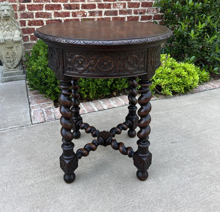Antique French Round Side End Table Barley Twist Carved Oak Renaissance ...