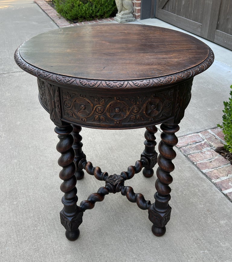 Antique French Round Side End Table Barley Twist Carved Oak Renaissance ...