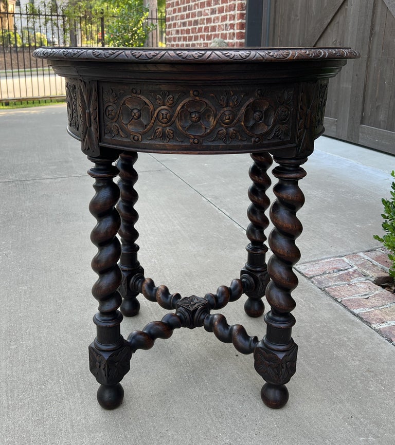 Antique French Round Side End Table Barley Twist Carved Oak Renaissance ...