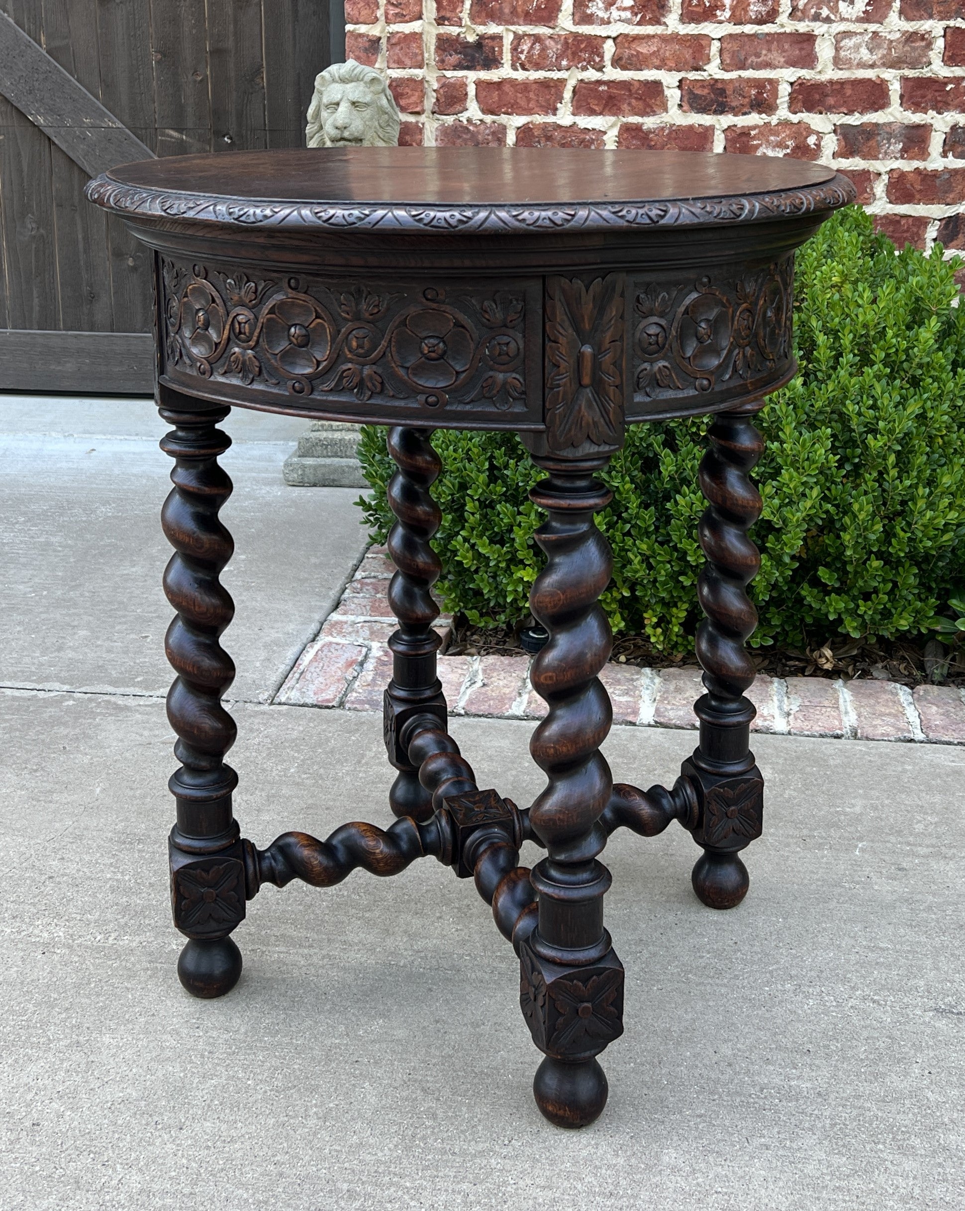 Antique French Round Side End Table Barley Twist Carved Oak Renaissance ...