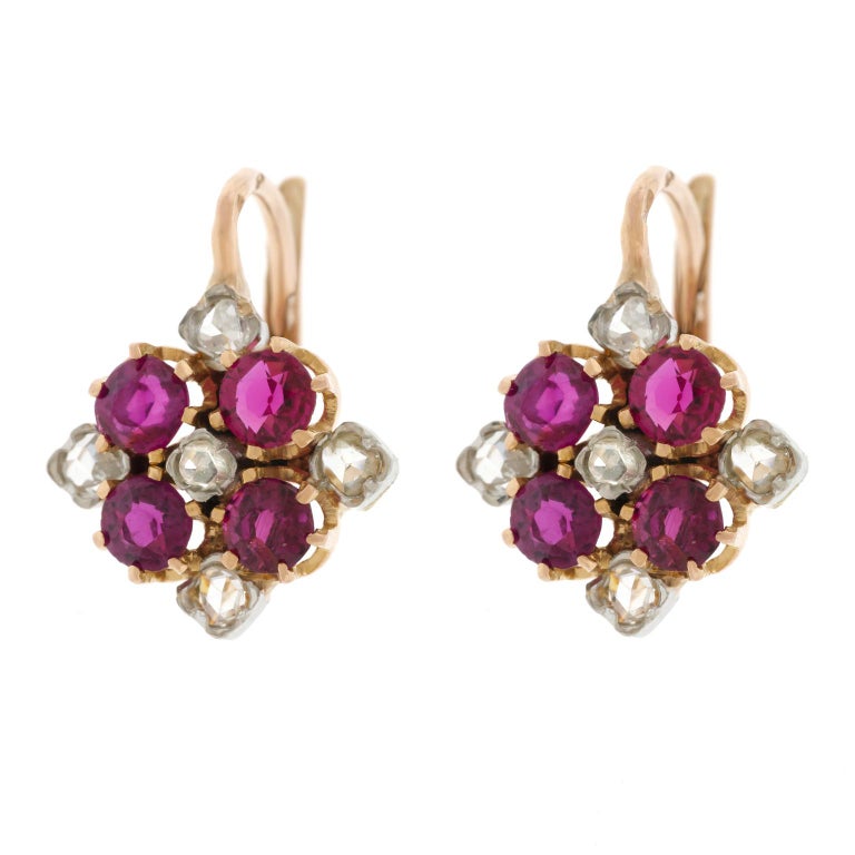 Antique French Ruby and Diamond Set Gold Earrings at 1stDibs