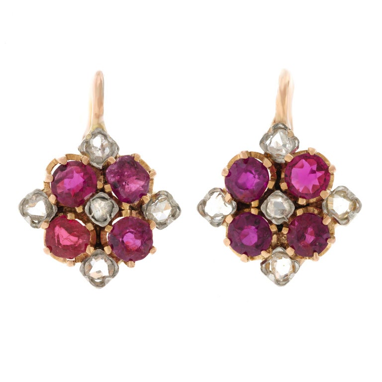 Antique French Ruby and Diamond Set Gold Earrings at 1stDibs