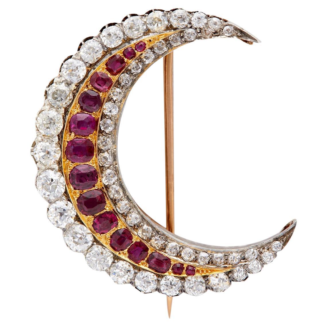 Antique French Diamond Silver and 18k Yellow Gold Crescent Moon Brooch ...