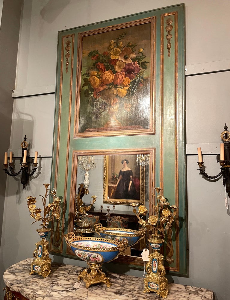 Antique French Sage Green and Gold Trumeau Mirror with Floral Painting ...