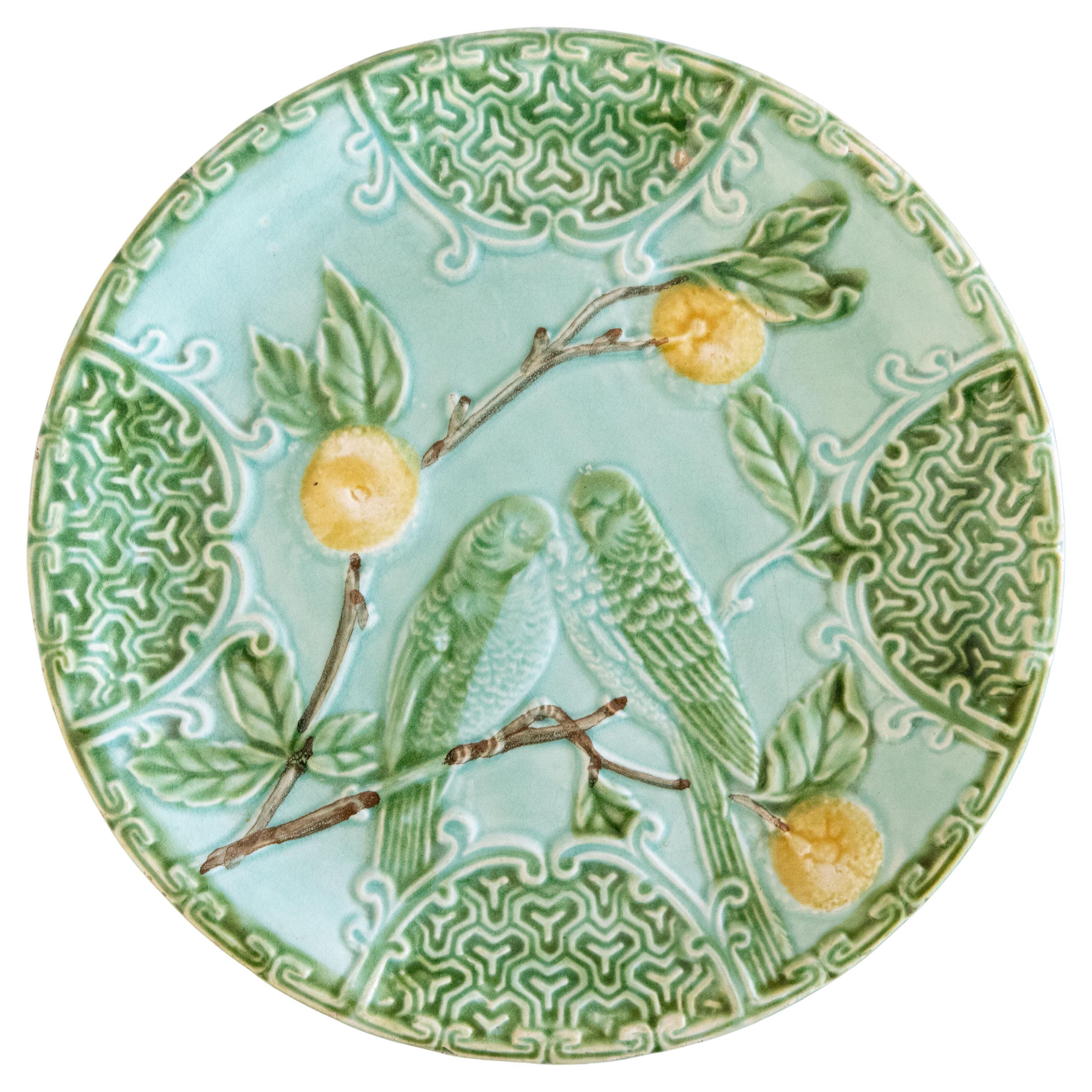 Antique French Salins Turquoise Majolica Parakeets Budgie Birds Plate ...