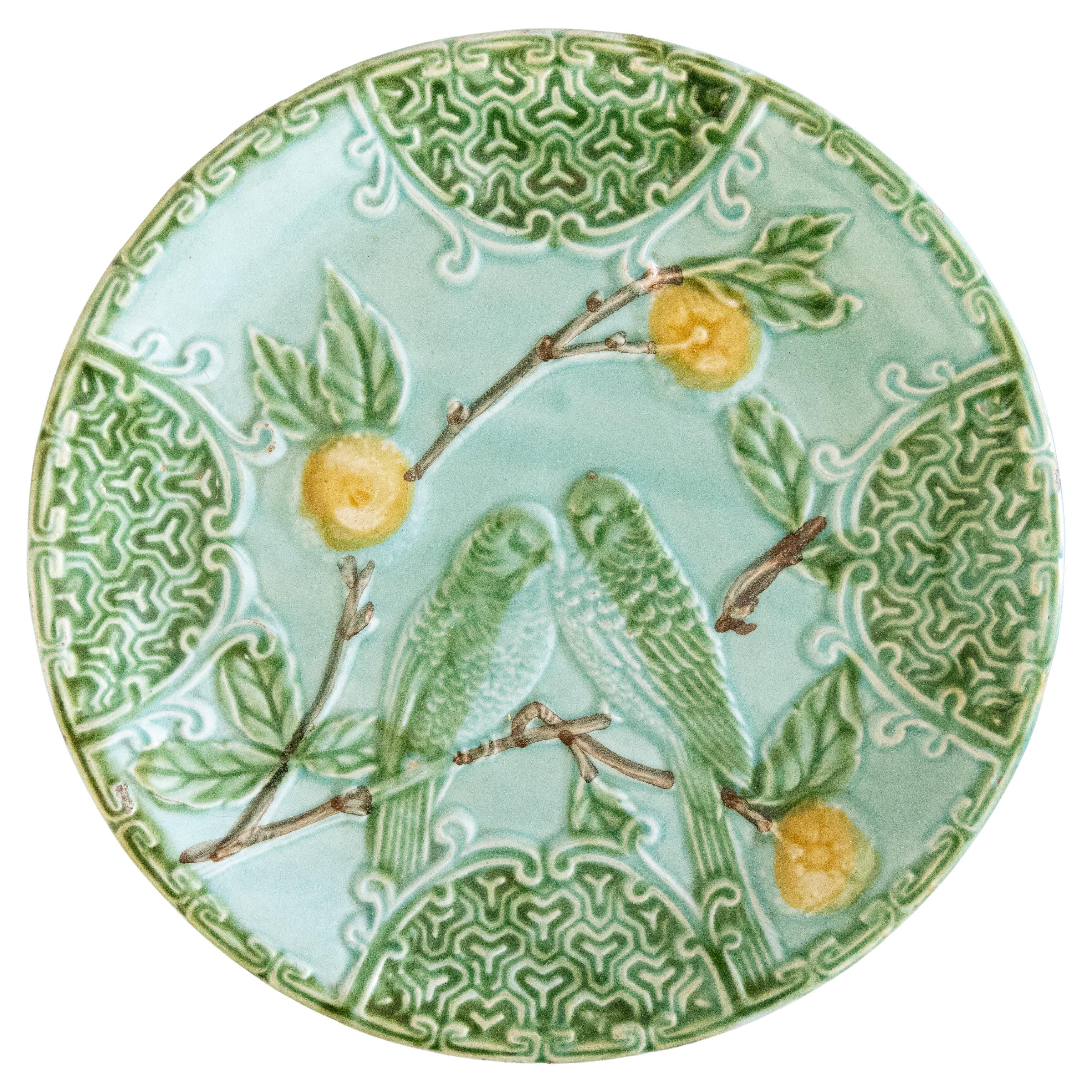 Antique French Salins Turquoise Majolica Parakeets Budgie Birds Plate ...