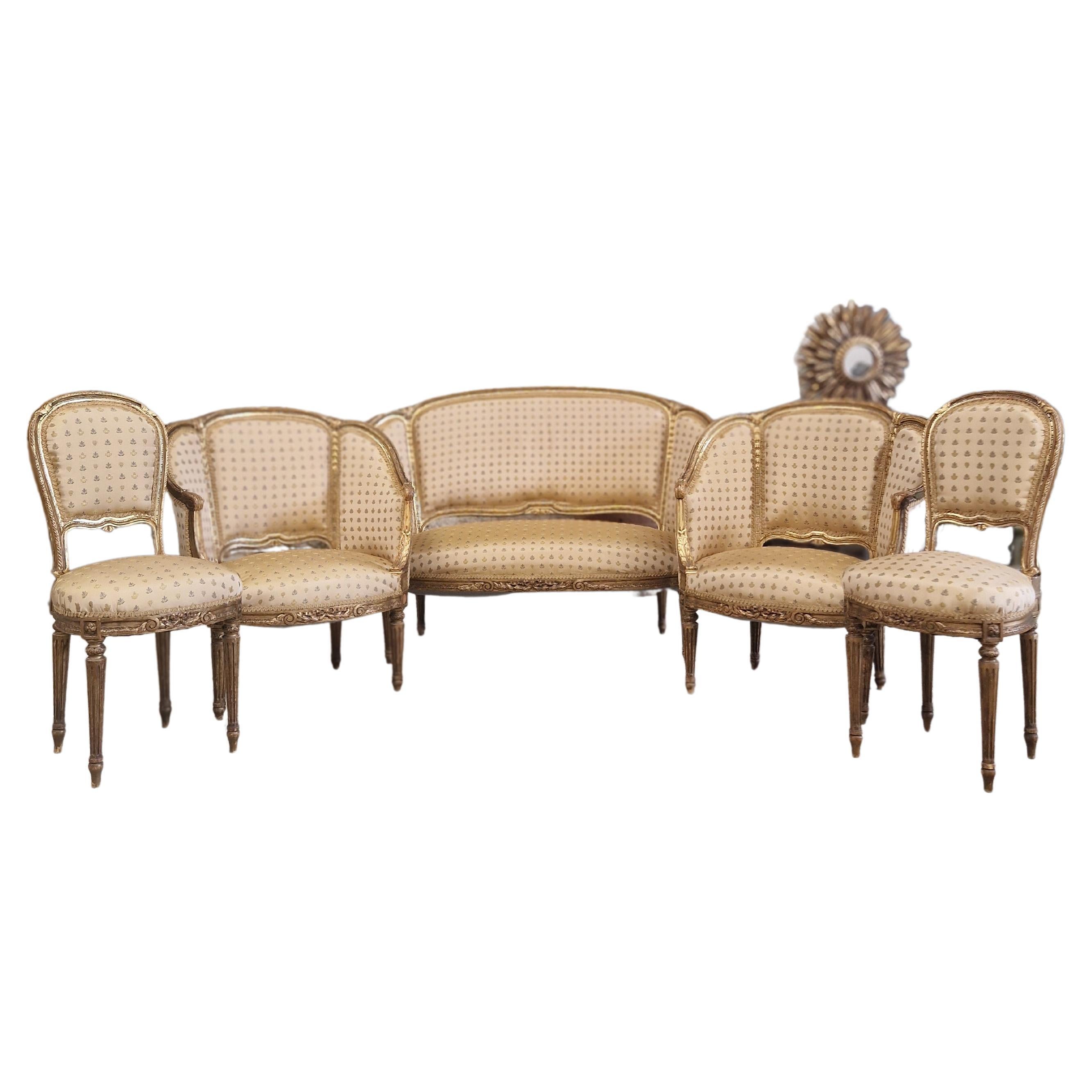 Antique French Salon Set 19th Century Louis XV Giltwood Gold Silk For ...