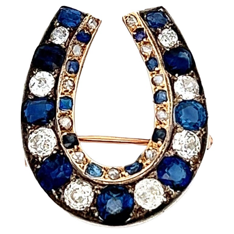 Antique French Sapphire Diamond 18 Karat Rose Gold Silver Horseshoe ...