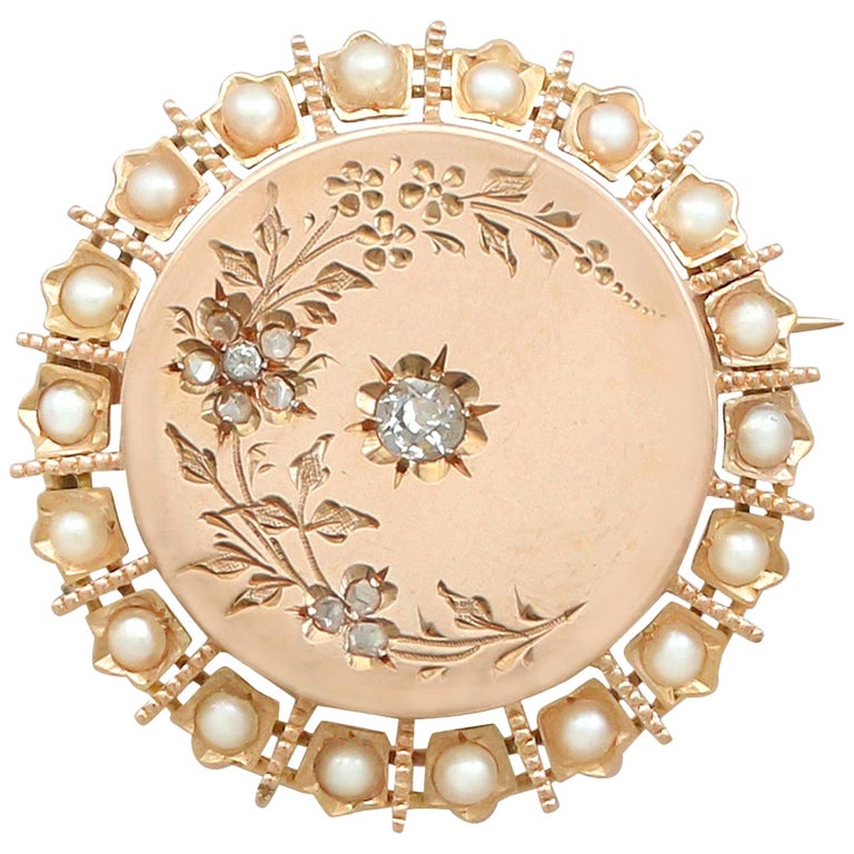 Antique French Seed Pearl And Diamond Yellow Gold Brooch For Sale At