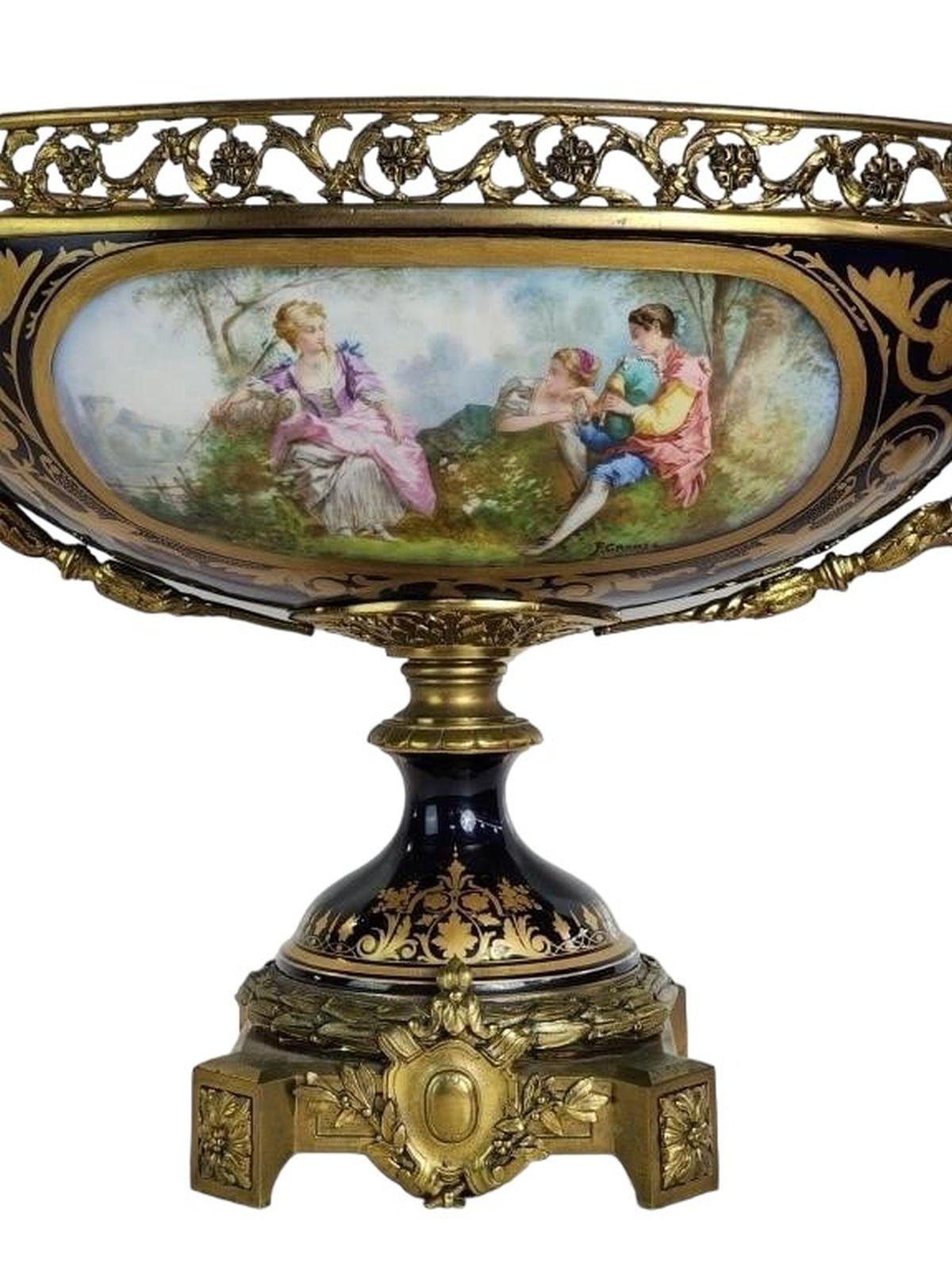 Antique French Sevres Center Piece Hand Painted For Sale at 1stDibs