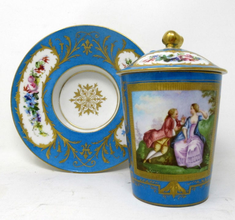Antique French Sevres Porcelain Celest Blue Gilt Trembleuse Chocolate ...
