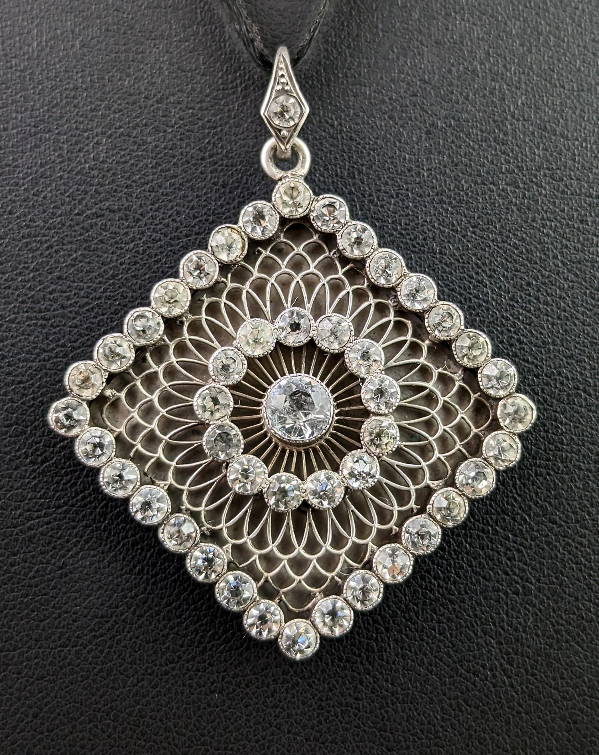 Antique French Silver and Paste Pendant, Diamond Shape, Filigree For ...