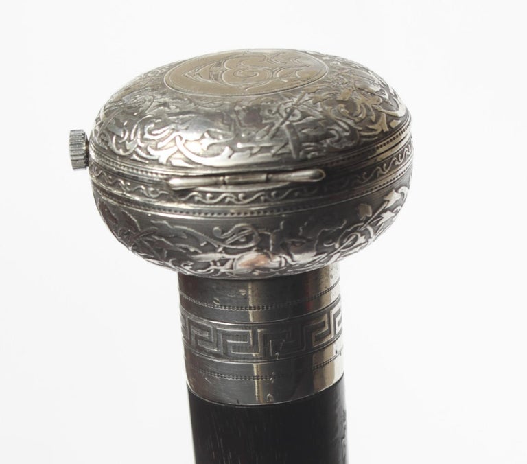 Antique French Silver and Ebonised Watch Opera Cane Walking Stick 19th ...