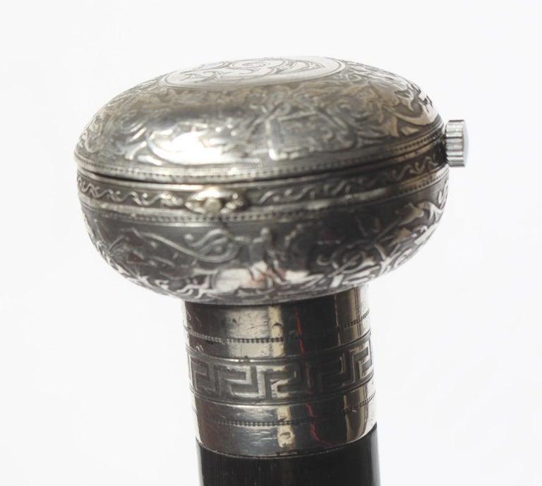 Antique French Silver and Ebonised Watch Opera Cane Walking Stick 19th ...