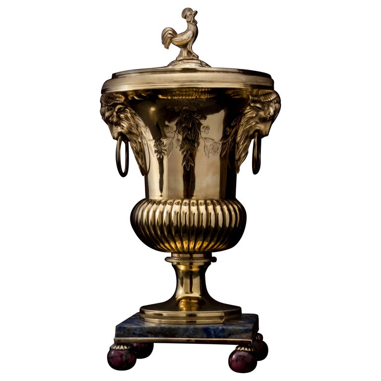 Antique French Silver Gilt Urn with Rooster Lid For Sale at 1stDibs