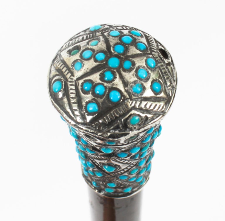 Antique French Silver Turquoise Walking Cane Stick 19th Century at 1stDibs