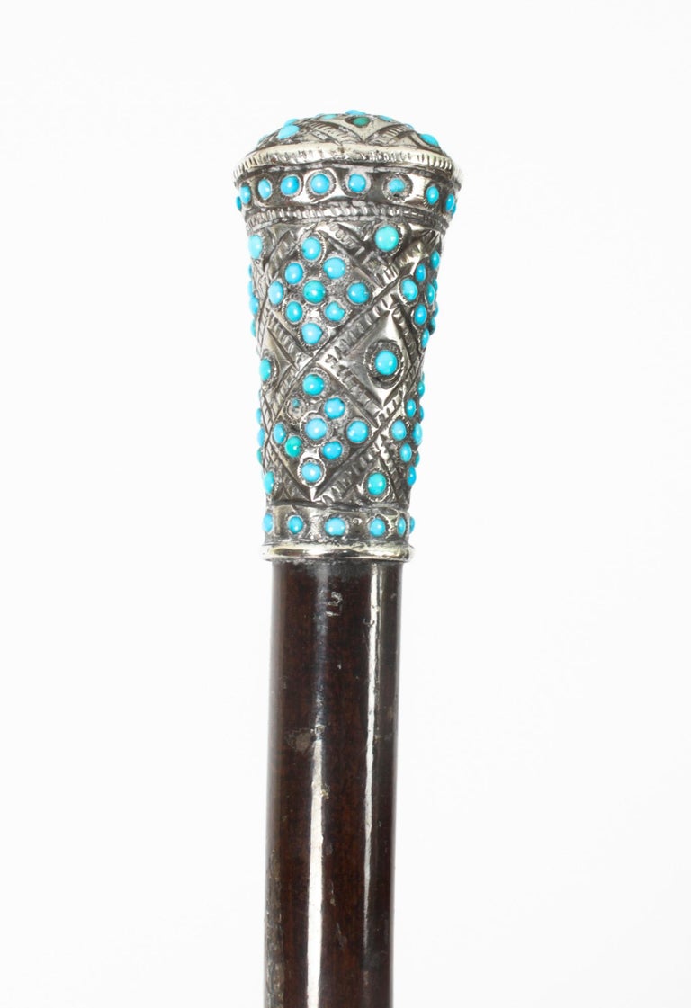 Antique French Silver Turquoise Walking Cane Stick 19th Century at 1stDibs