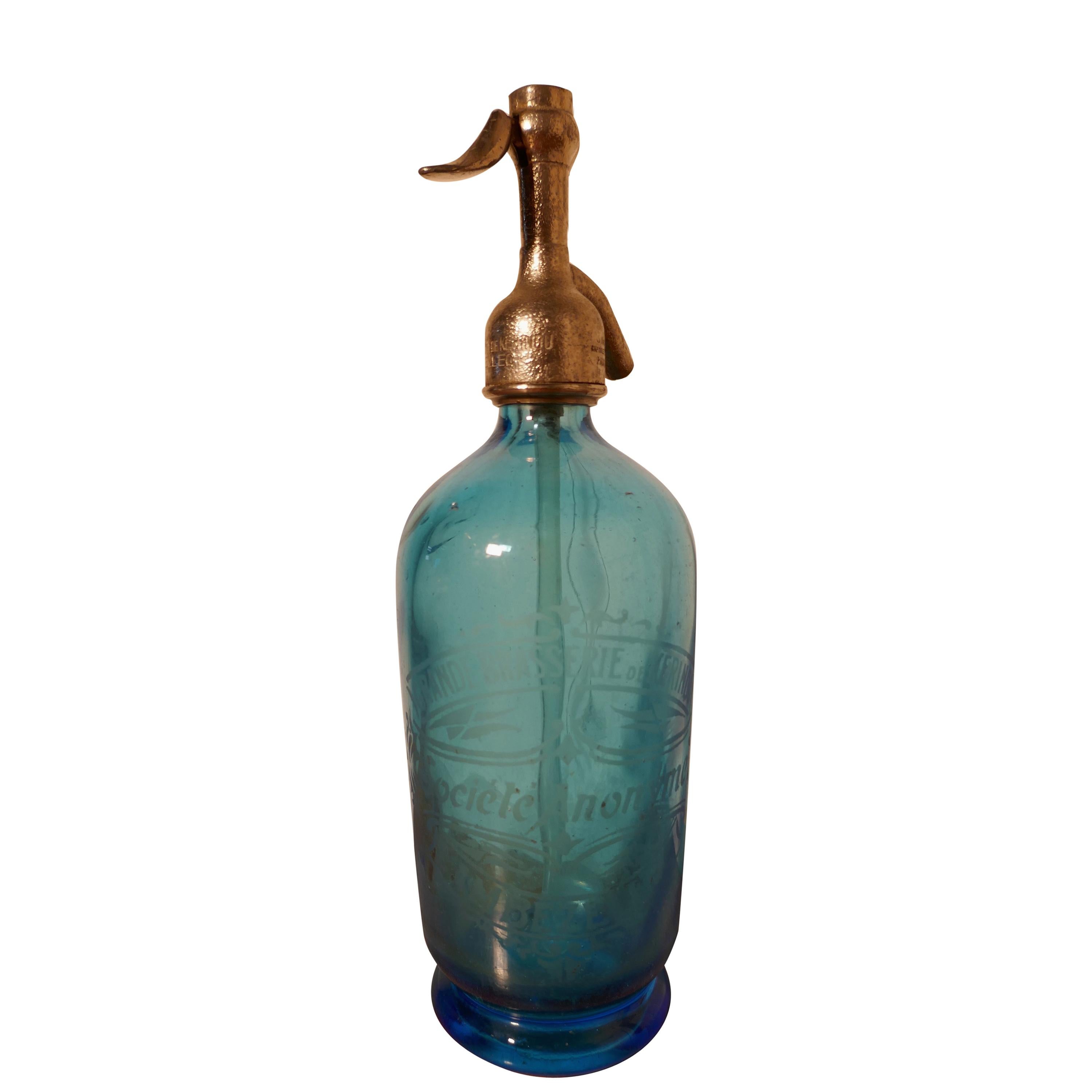 Antique French Soda Syphon Blue Glass from Lambezellec, Brest at 1stDibs