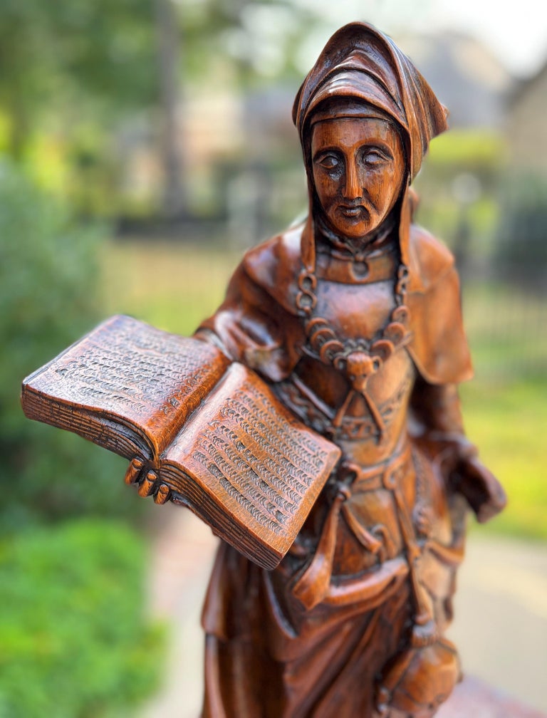 Antique French Statue Figure Saint Lady Sculpture Book Bible Carved Oak ...