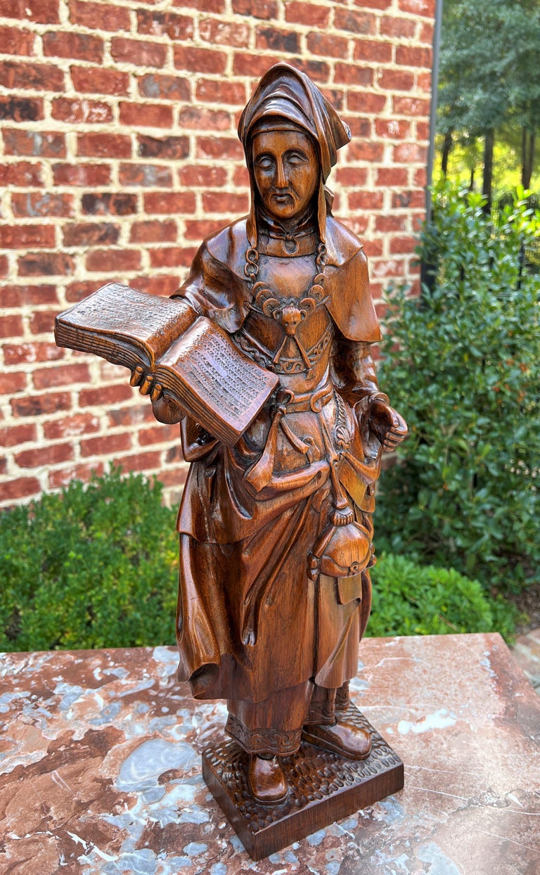 Antique French Statue Figure Saint Lady Sculpture Book Bible Carved Oak ...