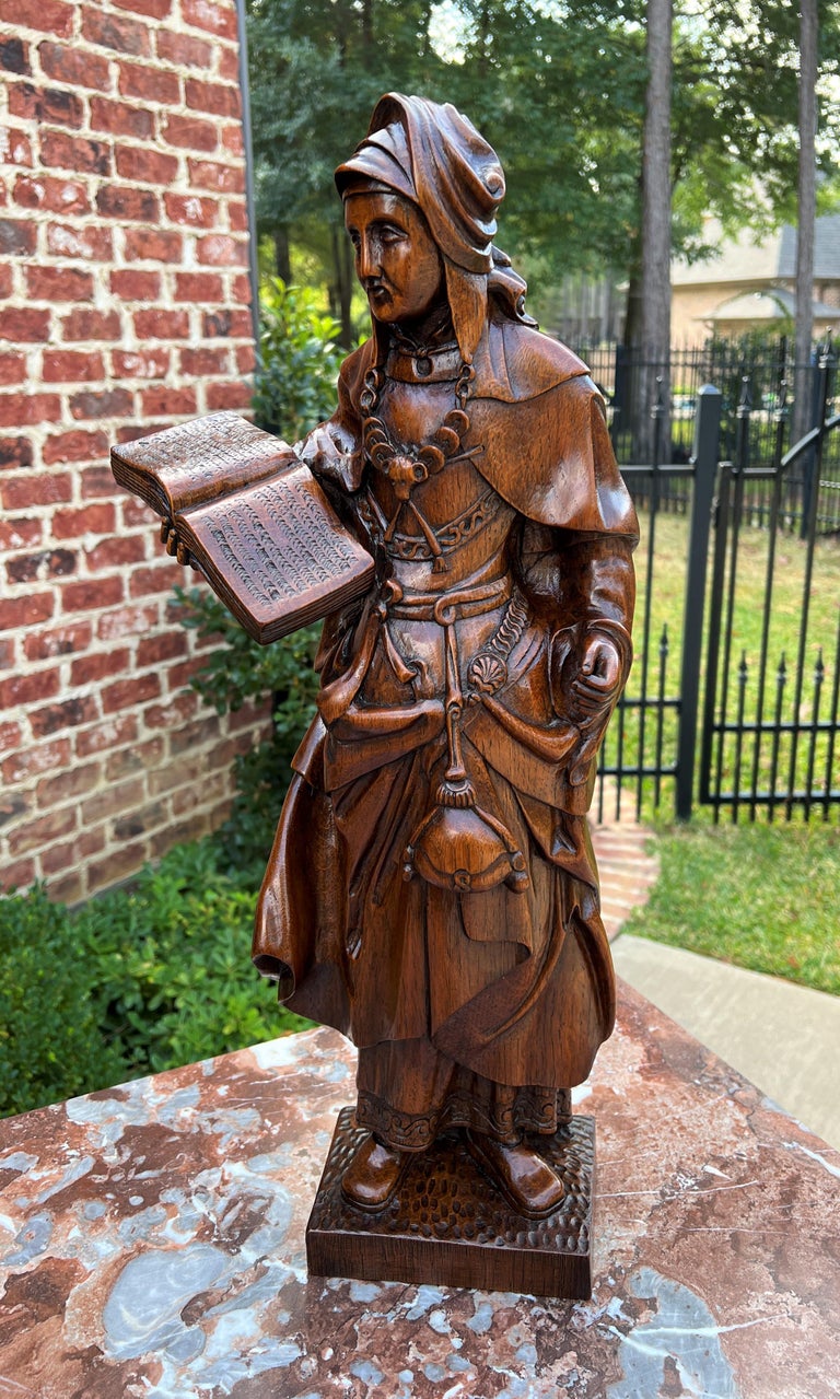 Antique French Statue Figure Saint Lady Sculpture Book Bible Carved Oak ...