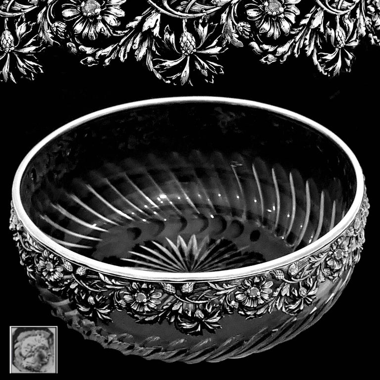 Antique French Sterling Silver Cut Crystal Salad or Serving Bowl, Daisy ...