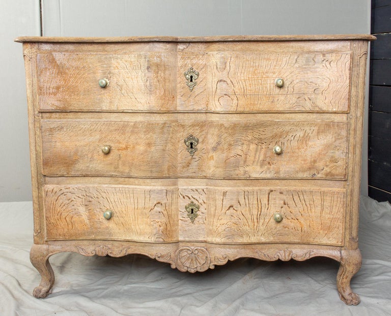 Antique French Stripped Oak Curved-Front Three-Drawer Commode at 1stDibs