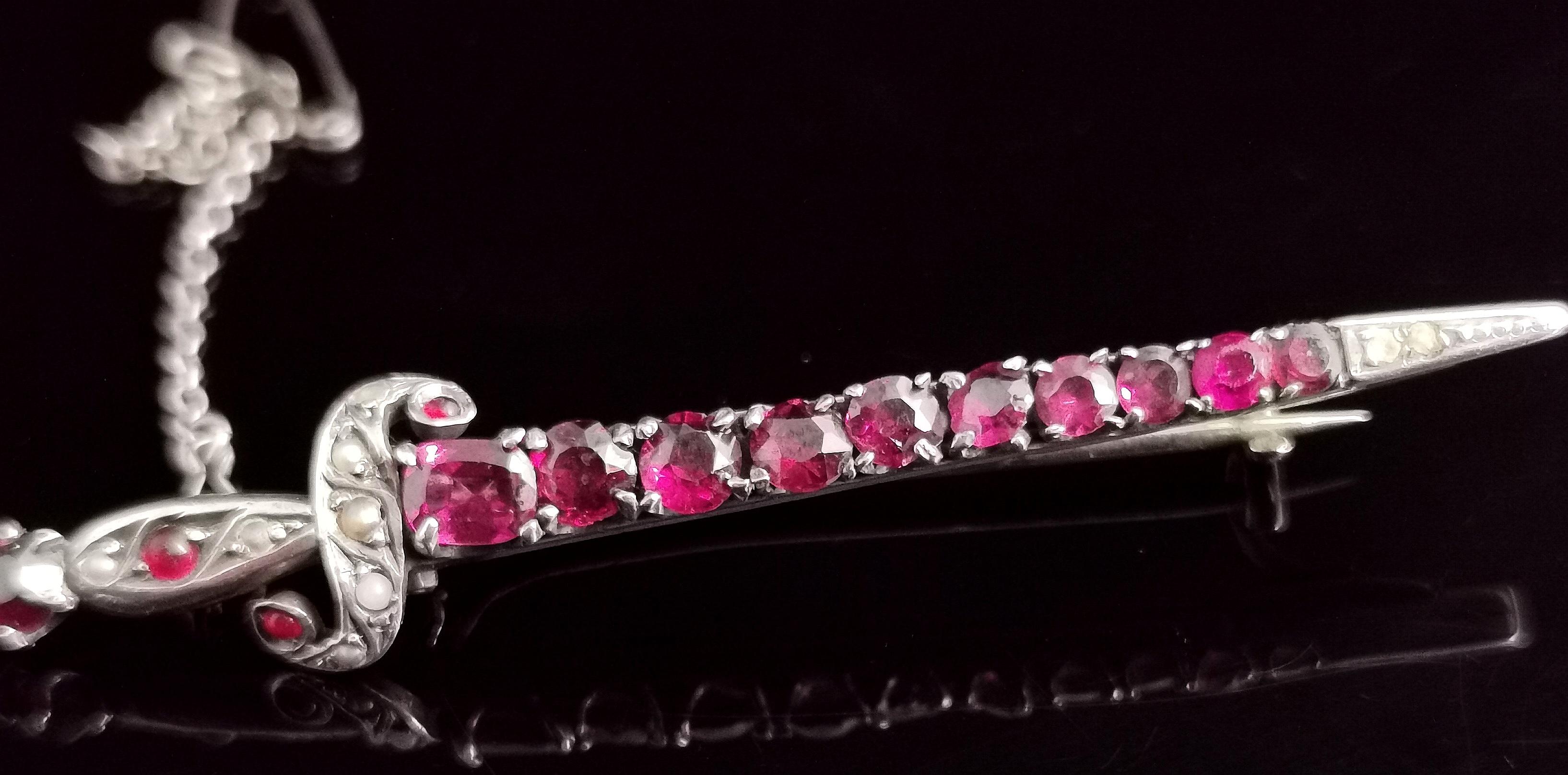 Antique French Sword Brooch, Rhodolite Garnet and Seed Pearl, Silver at ...
