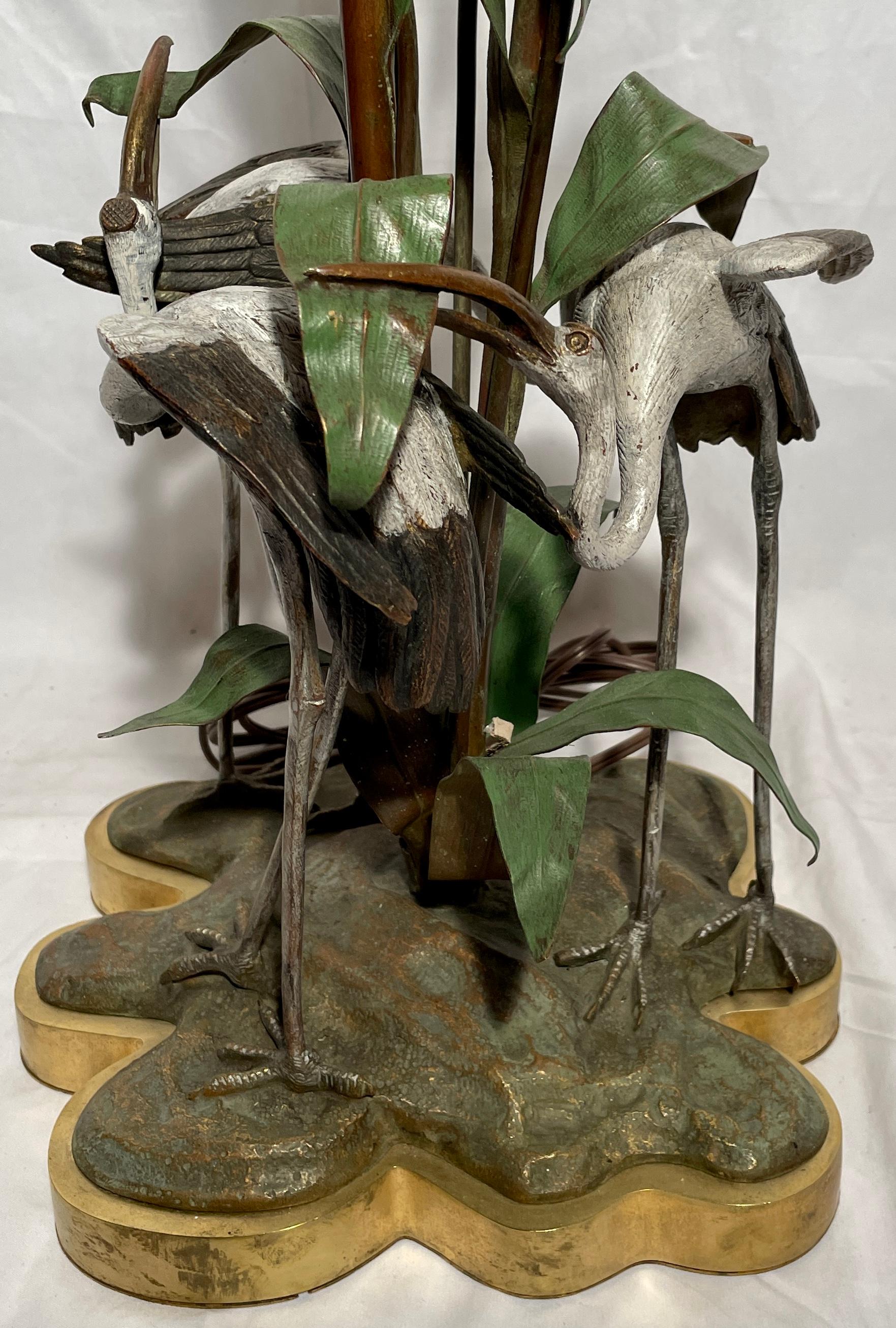 Antique French Tole Lamp with Cranes in the Wetlands and Amber Shades ...