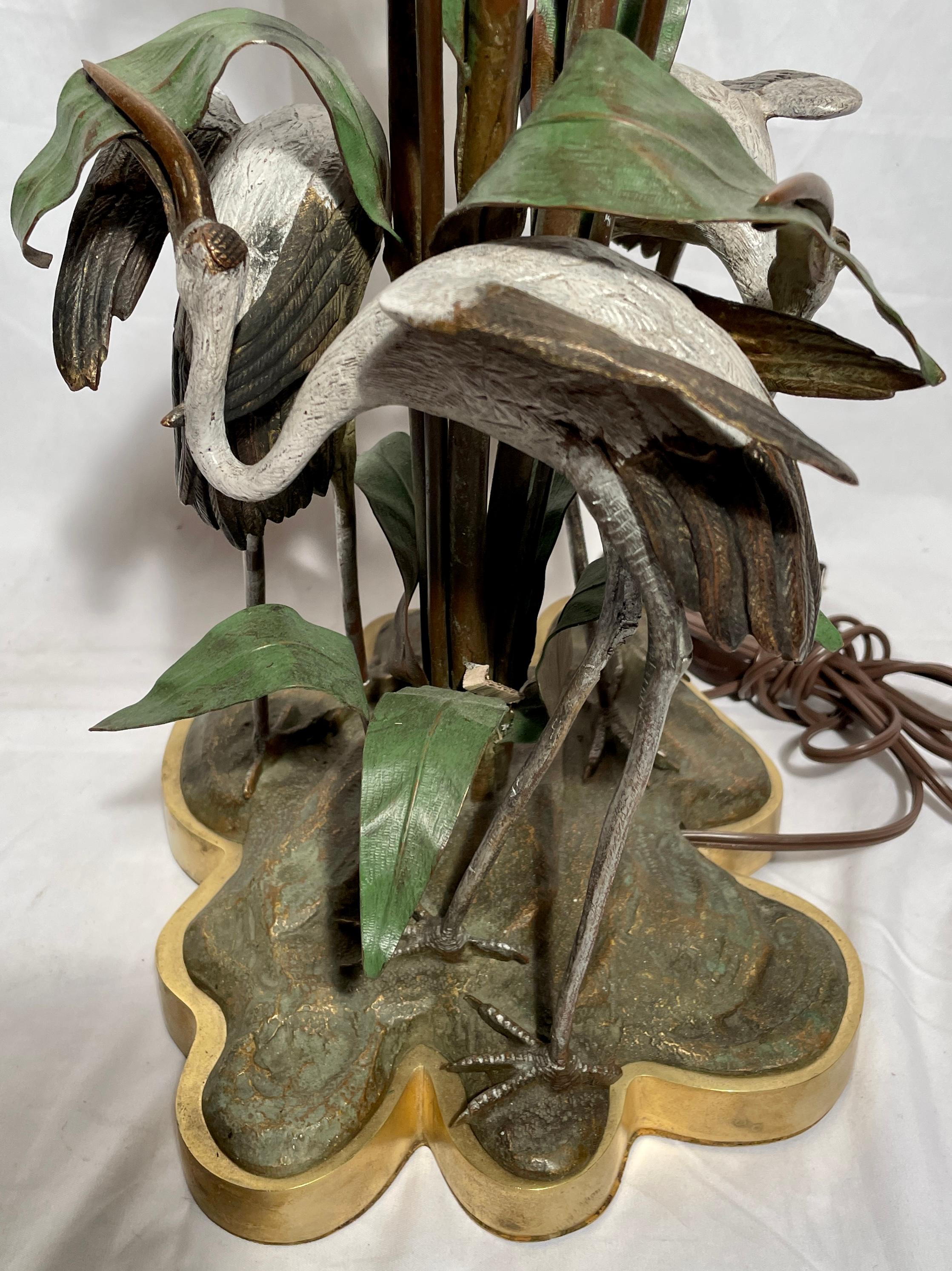 Antique French Tole Lamp with Cranes in the Wetlands and Amber Shades ...