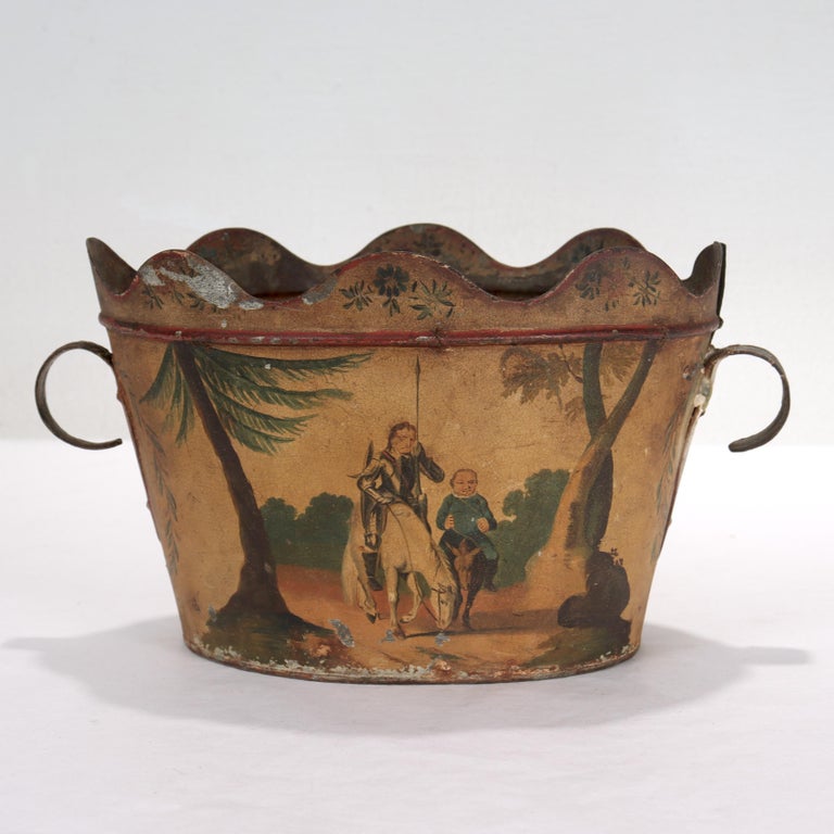 Antique French Toleware Cachepot or Planter Painted with a Don Quixote ...