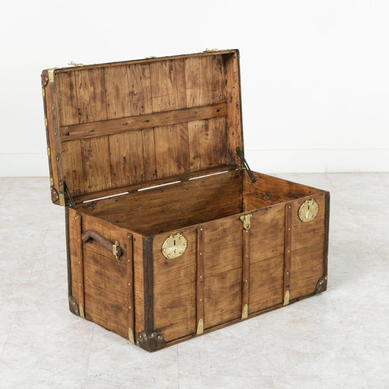Antique French Traveling Steam Trunk of Wood, Brass, Leather and Iron ...