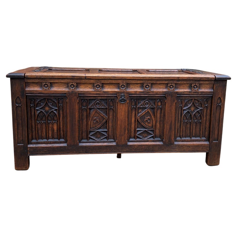 Antique French Boot Blanket Box Coffee Table Oak Gothic Revival Strap ...