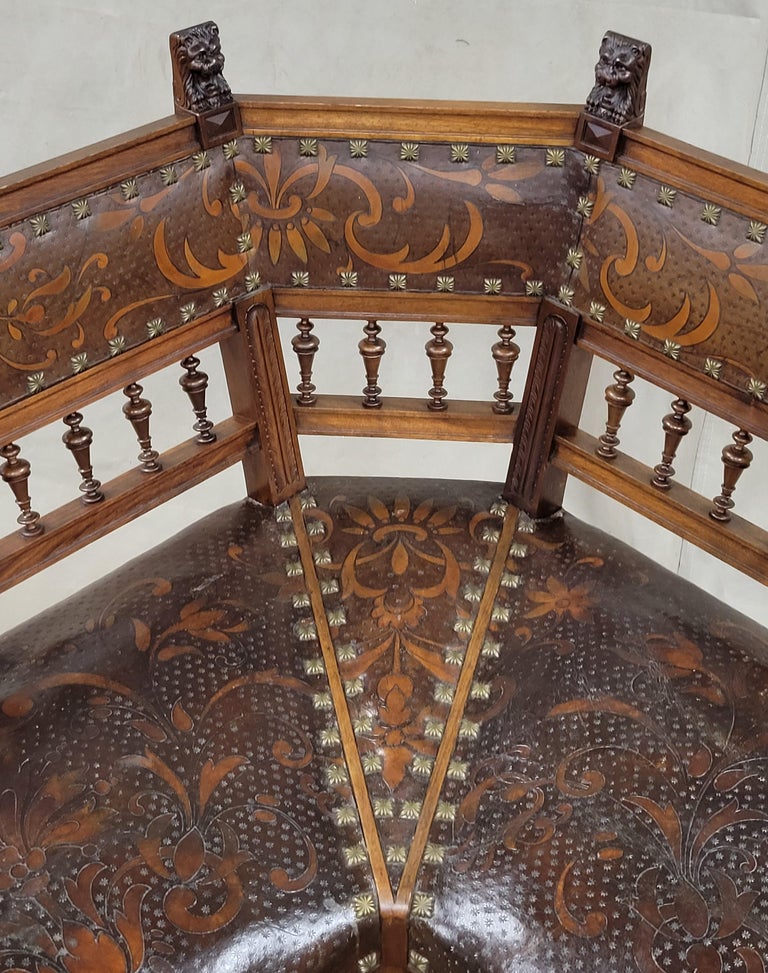 Antique French Walnut and Original Tooled Leather Corner Banquette ...