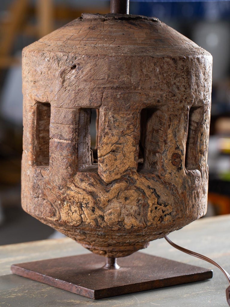 Antique French Wood Gear Wheel Lamp Custom Shade, circa 1890 For Sale ...