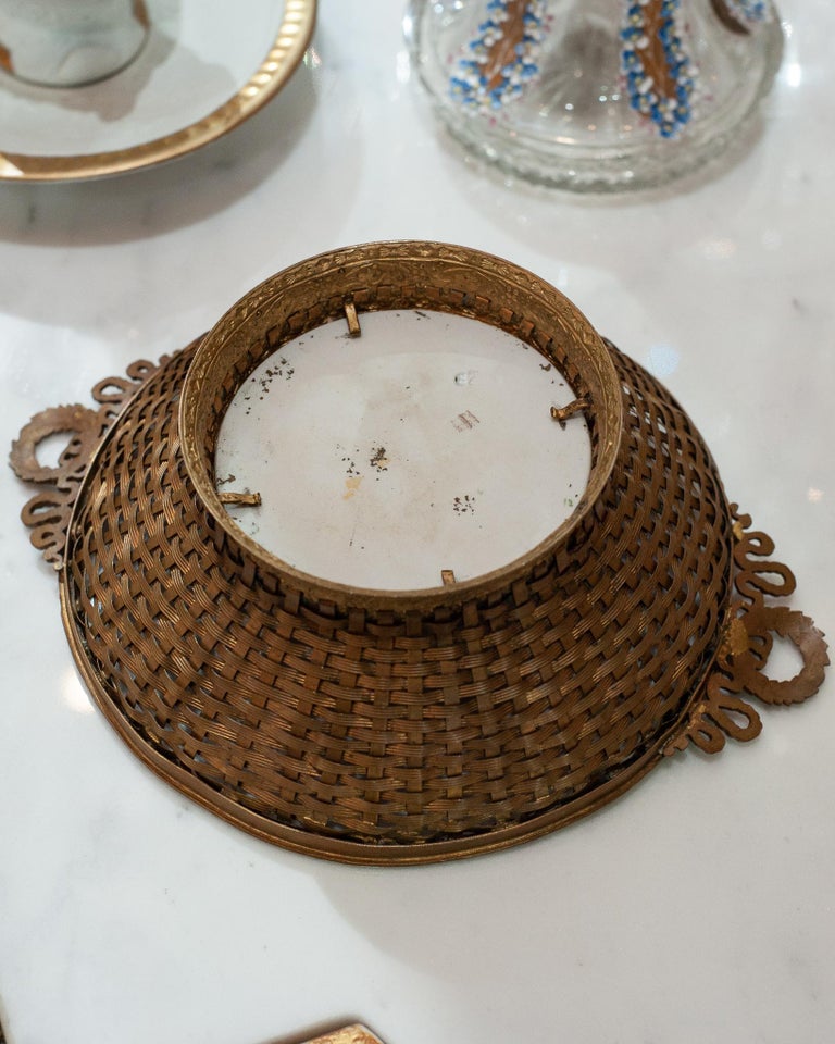 Antique French Woven Bronze Basket with Hand-Painted Porcelain Plaque ...