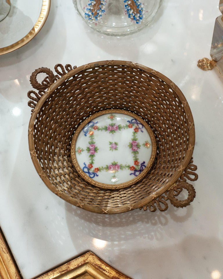 Antique French Woven Bronze Basket with Hand-Painted Porcelain Plaque ...