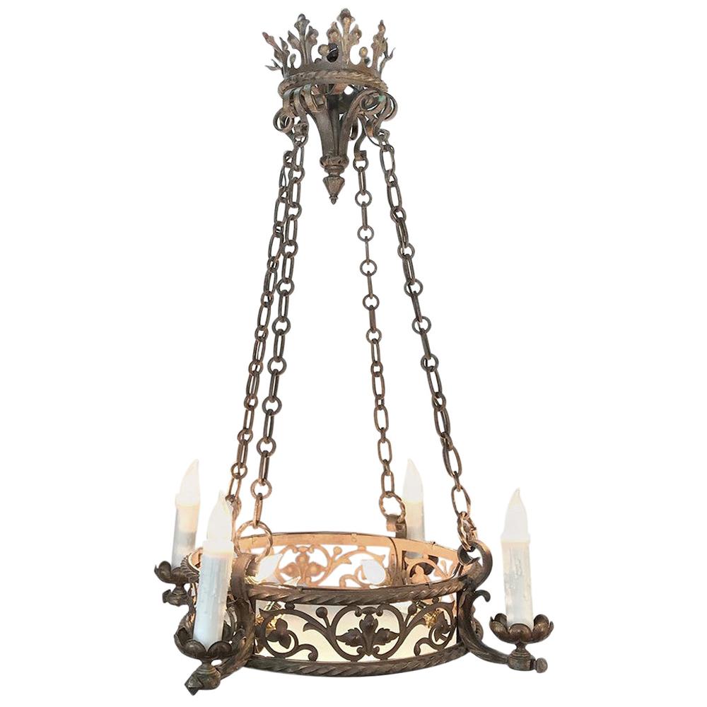 Antique Wrought Iron and Oak Chandelier at 1stDibs