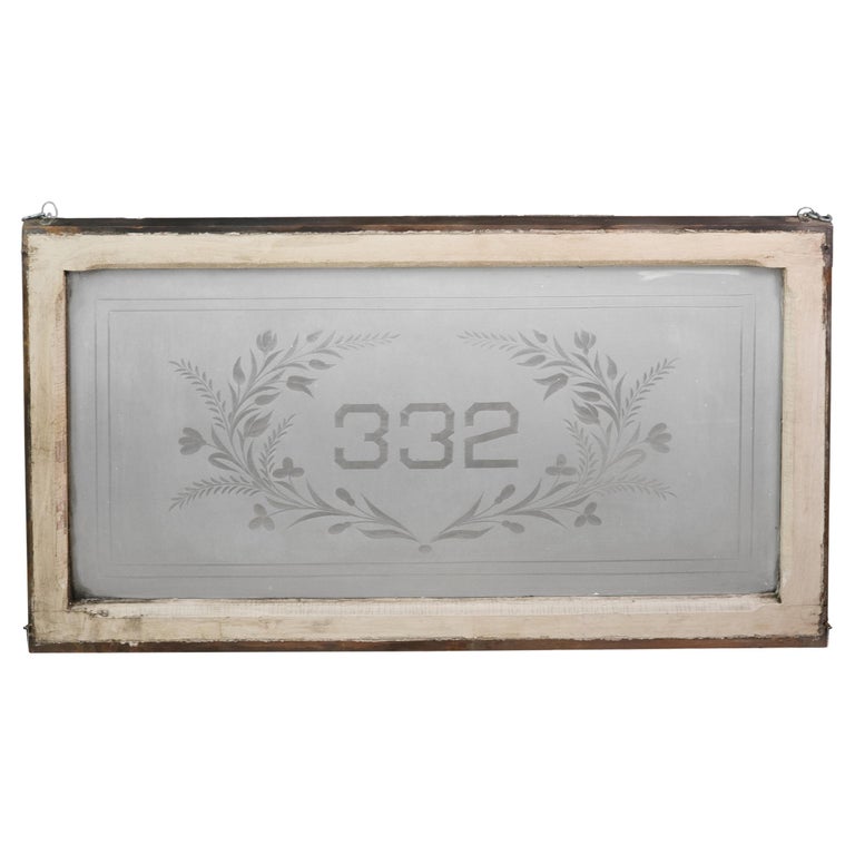 Antique Frosted Glass Transom Window w/ Etched Foliate Details, #332 ...