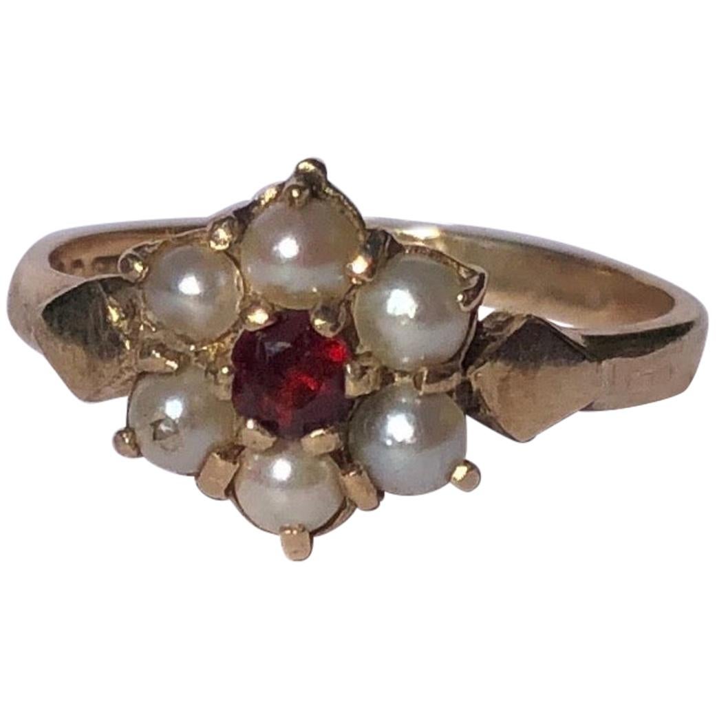 Victorian Design 14 Carat Gold Pearl and Ruby Cluster Ring at 1stDibs