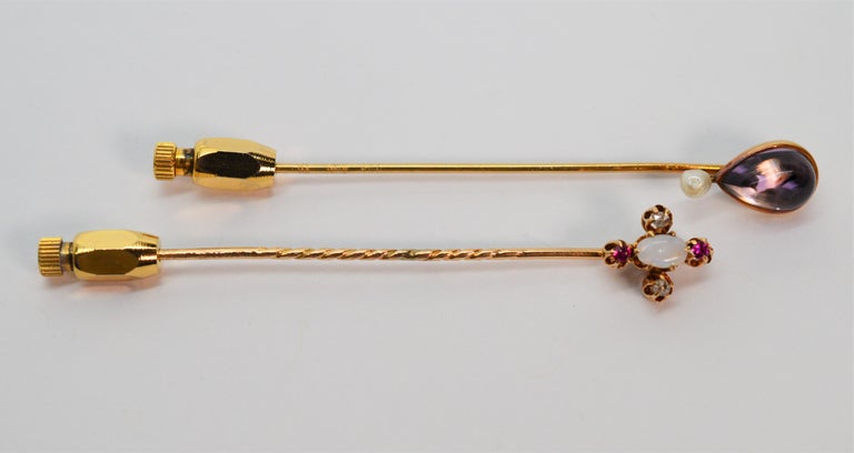 Antique Gemstone Decorative Gold Stick Pin Duo at 1stDibs