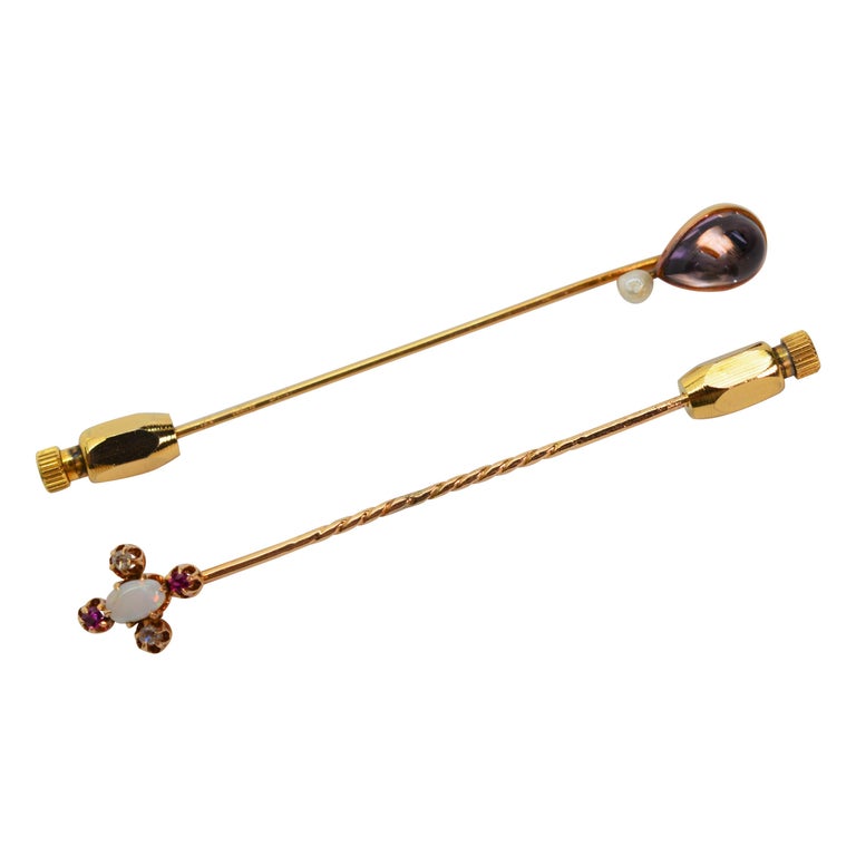 Antique Gemstone Decorative Gold Stick Pin Duo at 1stDibs