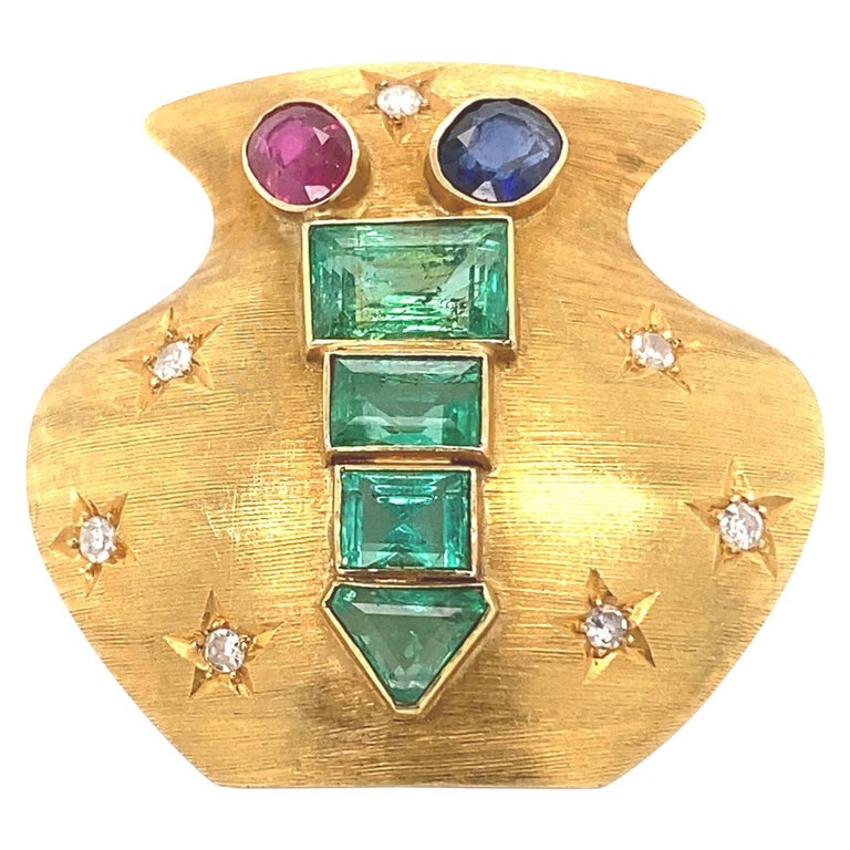 Antique Genie Bottle Urn Vase Brooch Pendant Emeralds, Rubies, Diamonds ...
