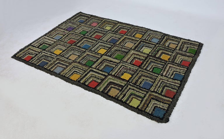 Antique Geometric Abstract Log Cabin Pattern Hooked Rug at 1stDibs