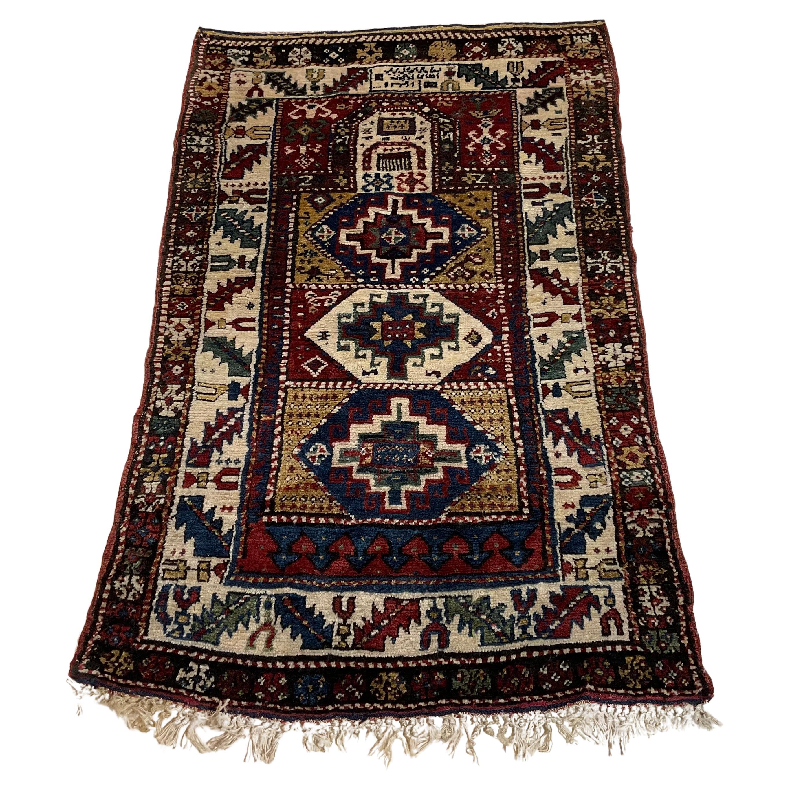 Antique Geometric Motifs Tribal Caucasian Prayer Rug For Sale at 1stDibs