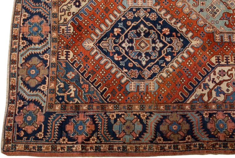 Antique Geometric Persian Heriz Handmade Wool Rug with Orange Rust ...