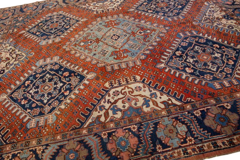 Antique Geometric Persian Heriz Handmade Wool Rug with Orange Rust ...