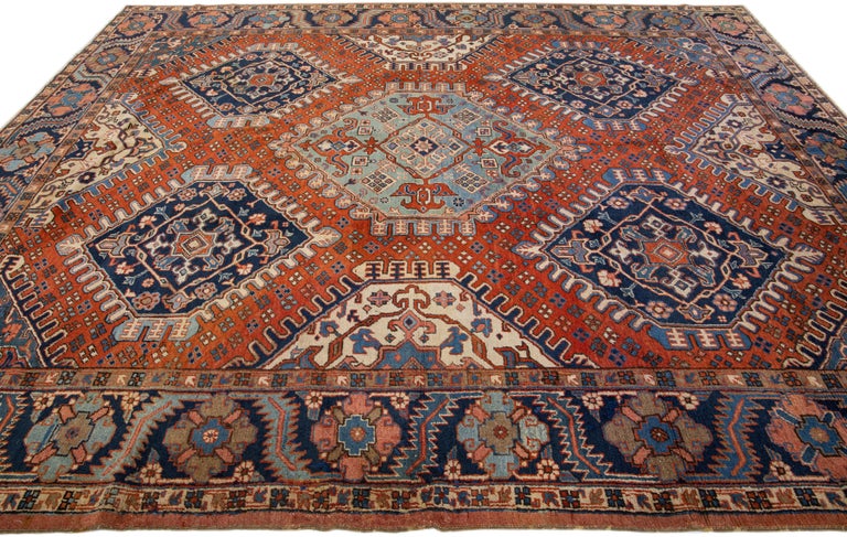 Antique Geometric Persian Heriz Handmade Wool Rug with Orange Rust ...
